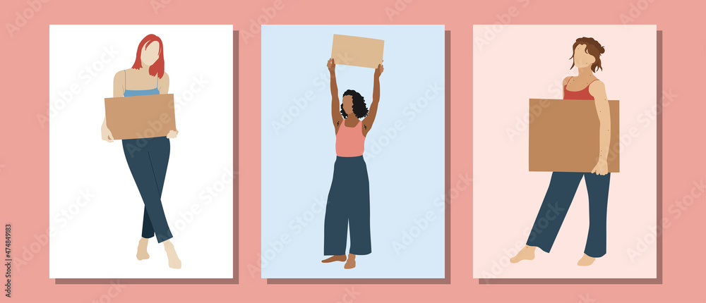 International Women's Day Feminism set of cards with hand drawn cartoon ...