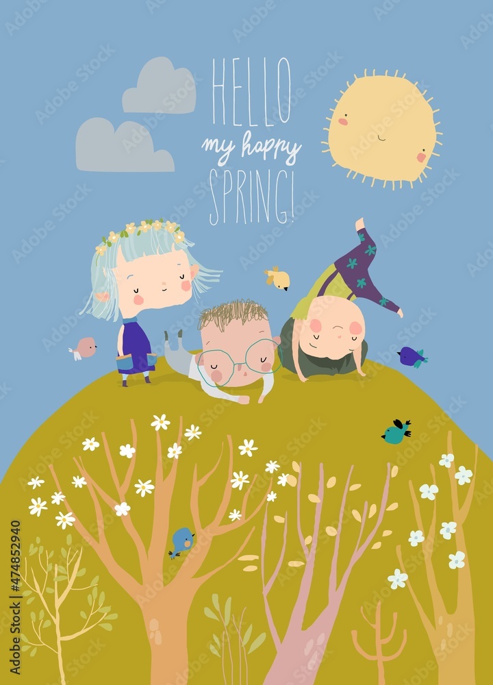 Cartoon Happy Children enjoying Spring in Blossom Park Stock Vector ...