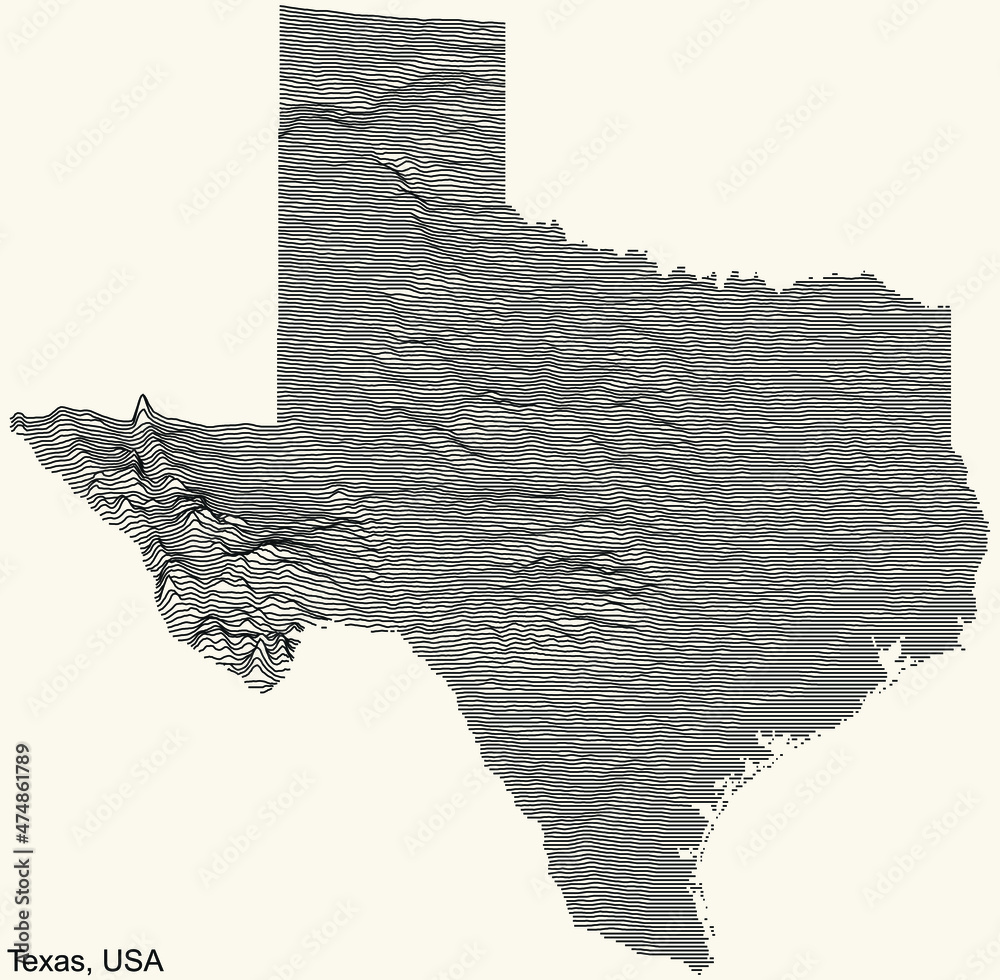 Topographic relief map of the Federal State of Texas, USA with black ...