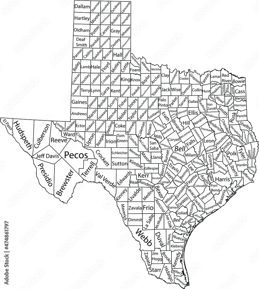White vector administrative map of the Federal State of Texas, USA with ...