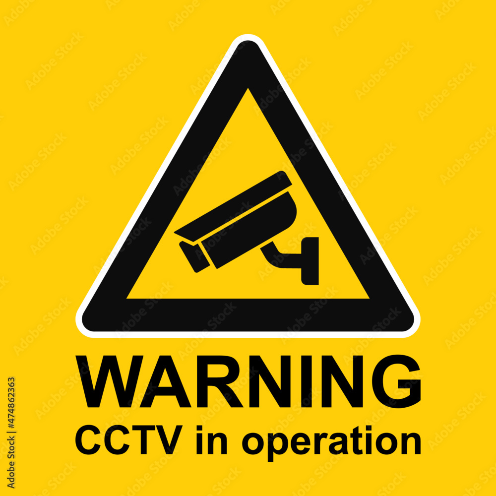 CCTV in operation sign. Vector yellow warning symbol board of the ...