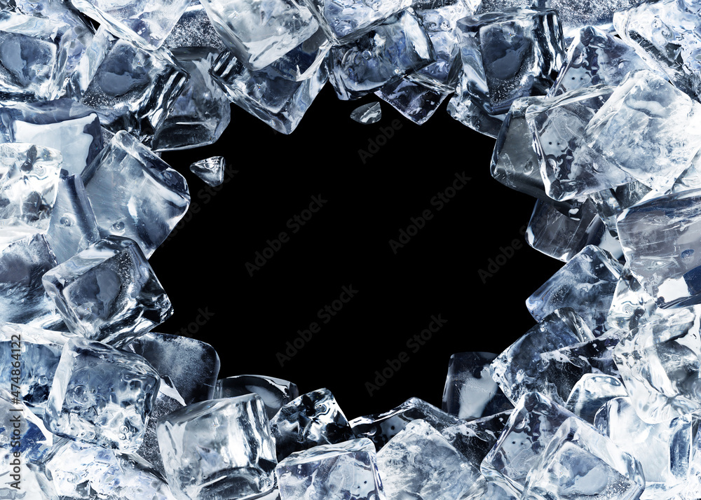 Ice cubes frame. Ice cubes are scattered over a black background. Black ...