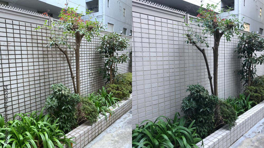 Before and after, cleaning on an old external tile wall Stock Photo ...
