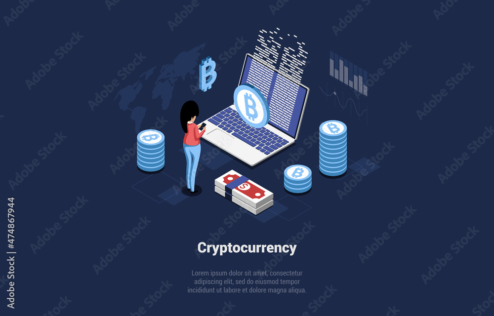 Cryptocurrency Vector Illustration In Cartoon 3D Style On Dark ...