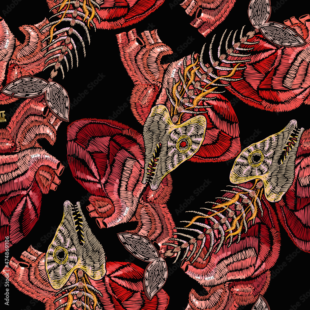 Embroidery fish bone and anatomical heart seamless pattern. Romantic ...