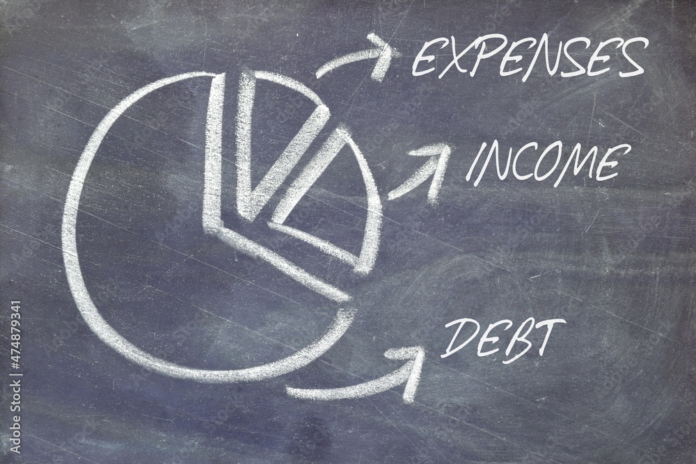 Expenses, income and debt ratio calculation on pie chart on blackboard ...