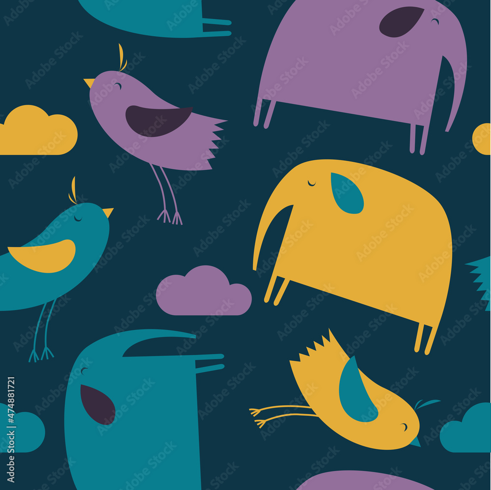 Print. Cute seamless background with elephants and birds. Pattern for ...