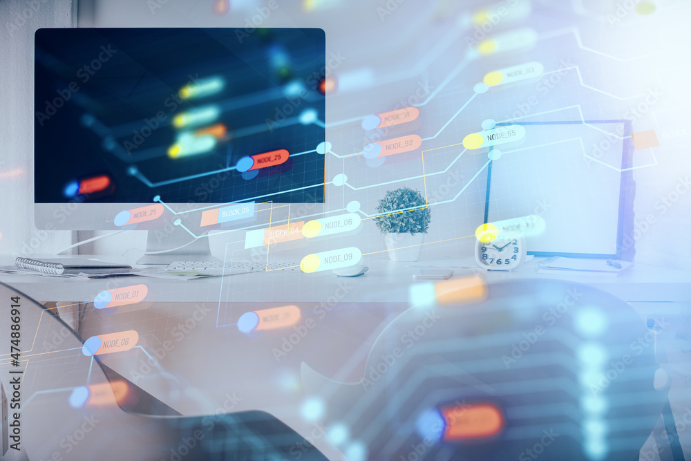 Multi exposure of data theme drawing and office interior background ...