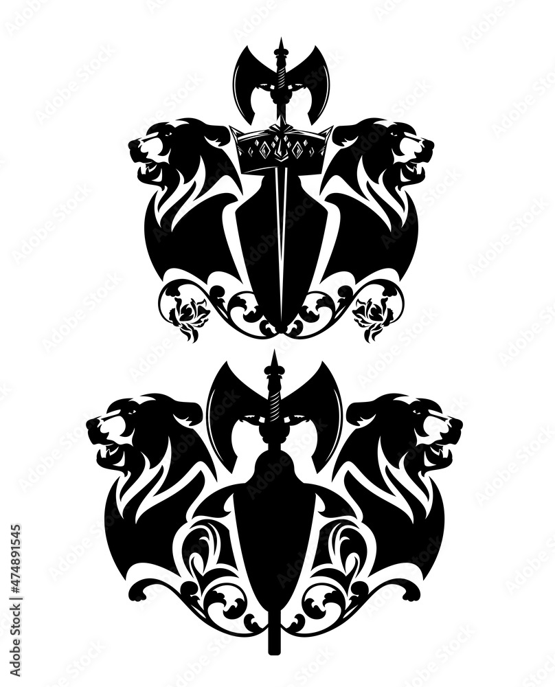 pair of bear heads by heraldic shield with battle axe, king crown and ...