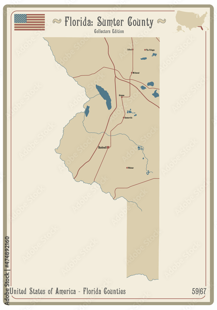 Map on an old playing card of Sumter county in Florida, USA. Stock ...