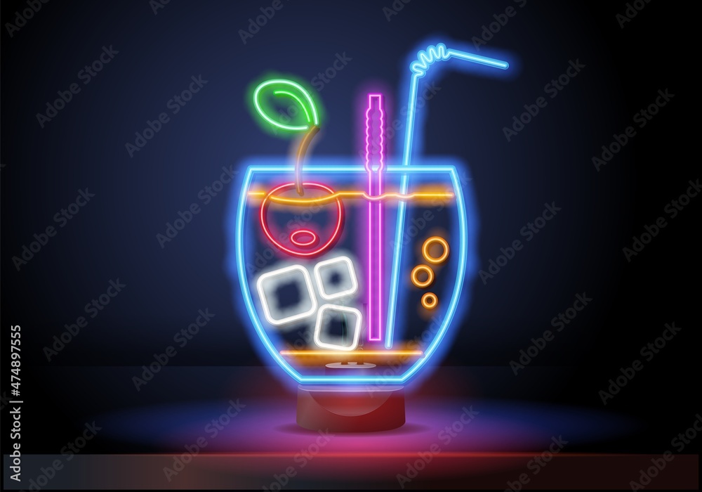 Cocktail bar neon logo. Bright emblem sign on dark brick wall ...