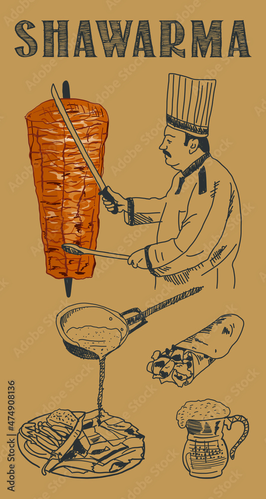 Shawarma cooking and ingredients for kebab. Doner kebab hand drawn ...
