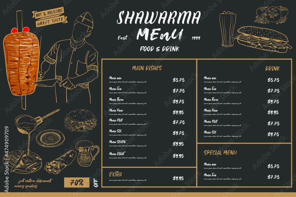Shawarma cooking and ingredients for kebab. Doner kebab hand drawn ...