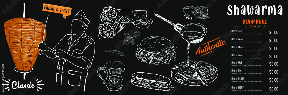 Shawarma cooking and ingredients for kebab. Doner kebab hand drawn ...