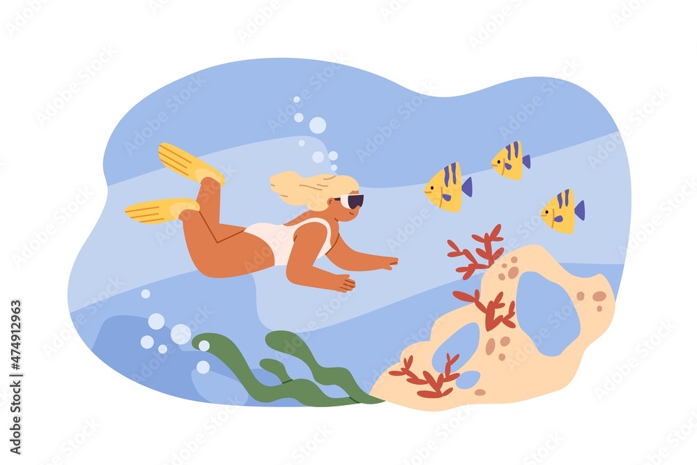 Kid swimming underwater. Happy child under sea water with coral reef ...