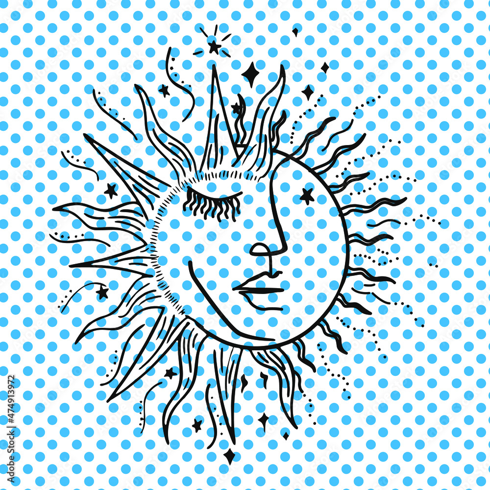 Vector illustration of the sun with a human face on celestial dots ...