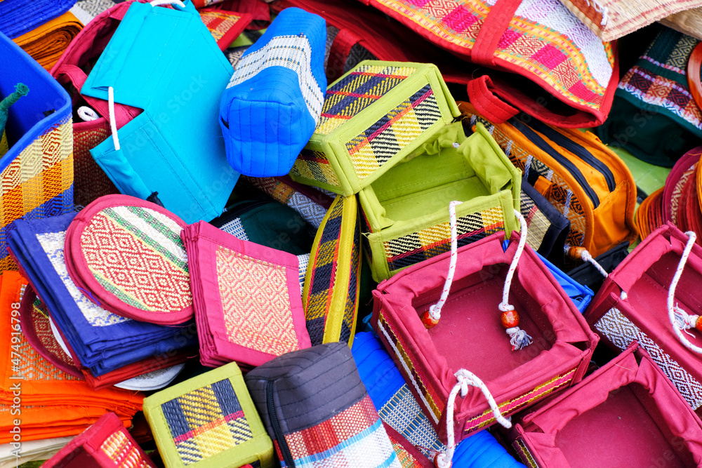 Pune, India, Handicraft items with selective focus, textile and wooden ...