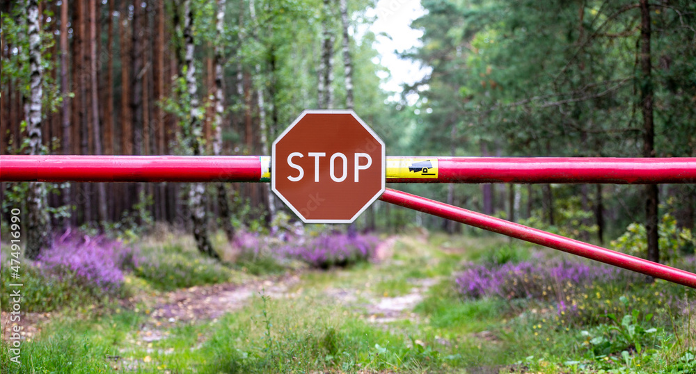 No entry into the forest, forest monitored by cameras Barrier on the ...