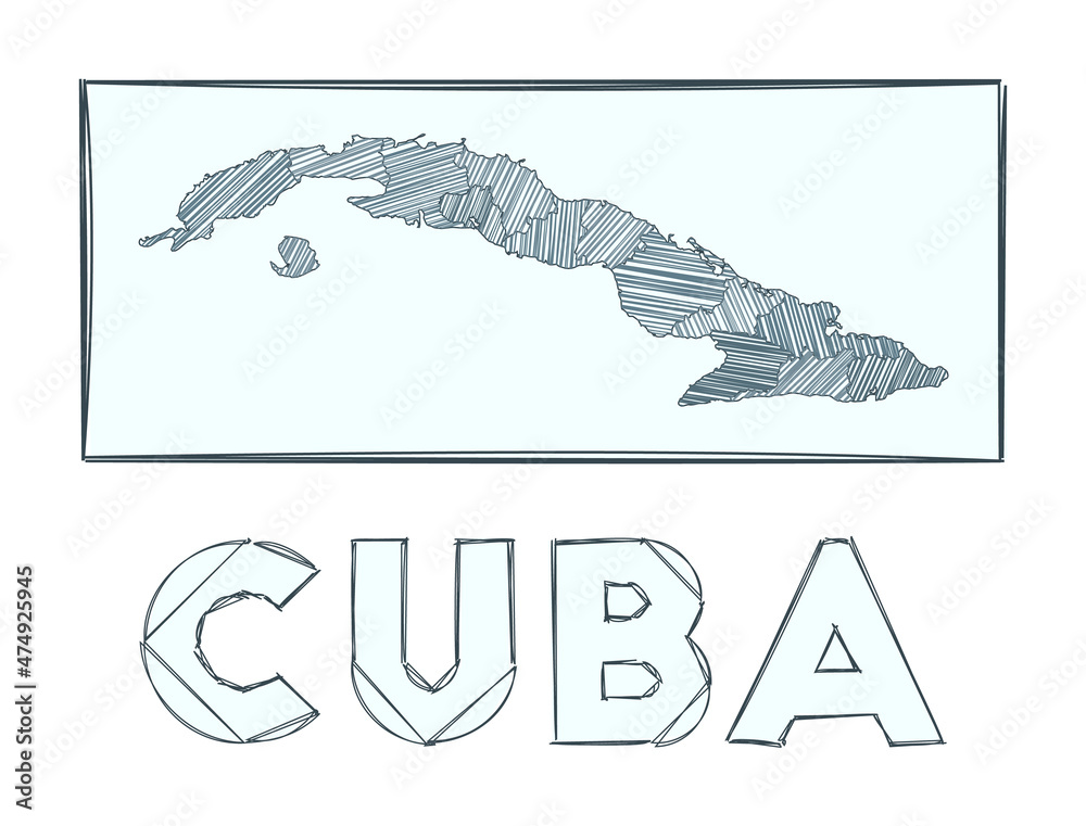 Sketch map of Cuba. Grayscale hand drawn map of the country. Filled ...