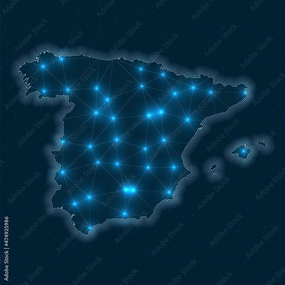 Spain network map. Abstract geometric map of the country. Digital ...