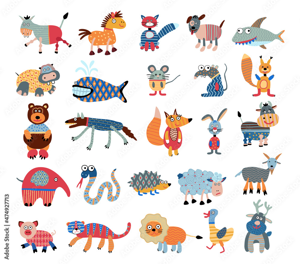 Collection of funny animals with patterns in cartoon style ...