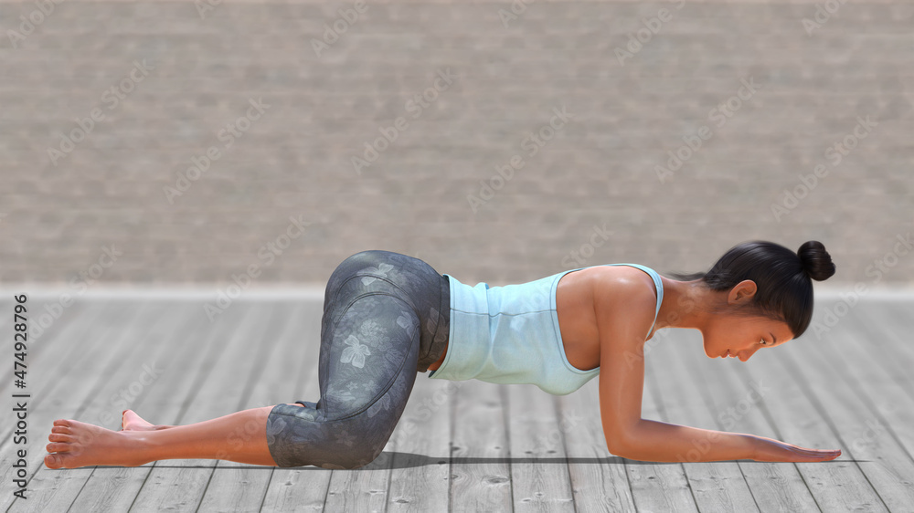 Virtual Woman in Yoga Frog Pose with a clear wood floor Stock ...