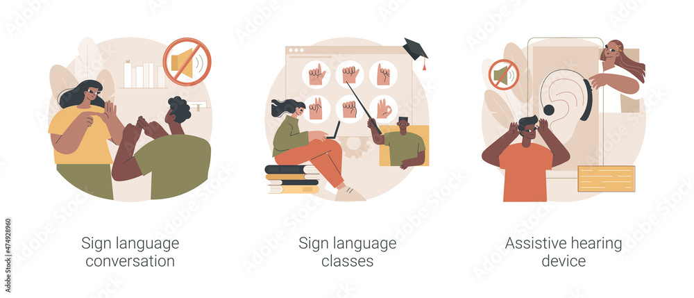 Disability communication abstract concept vector illustration set. Sign ...