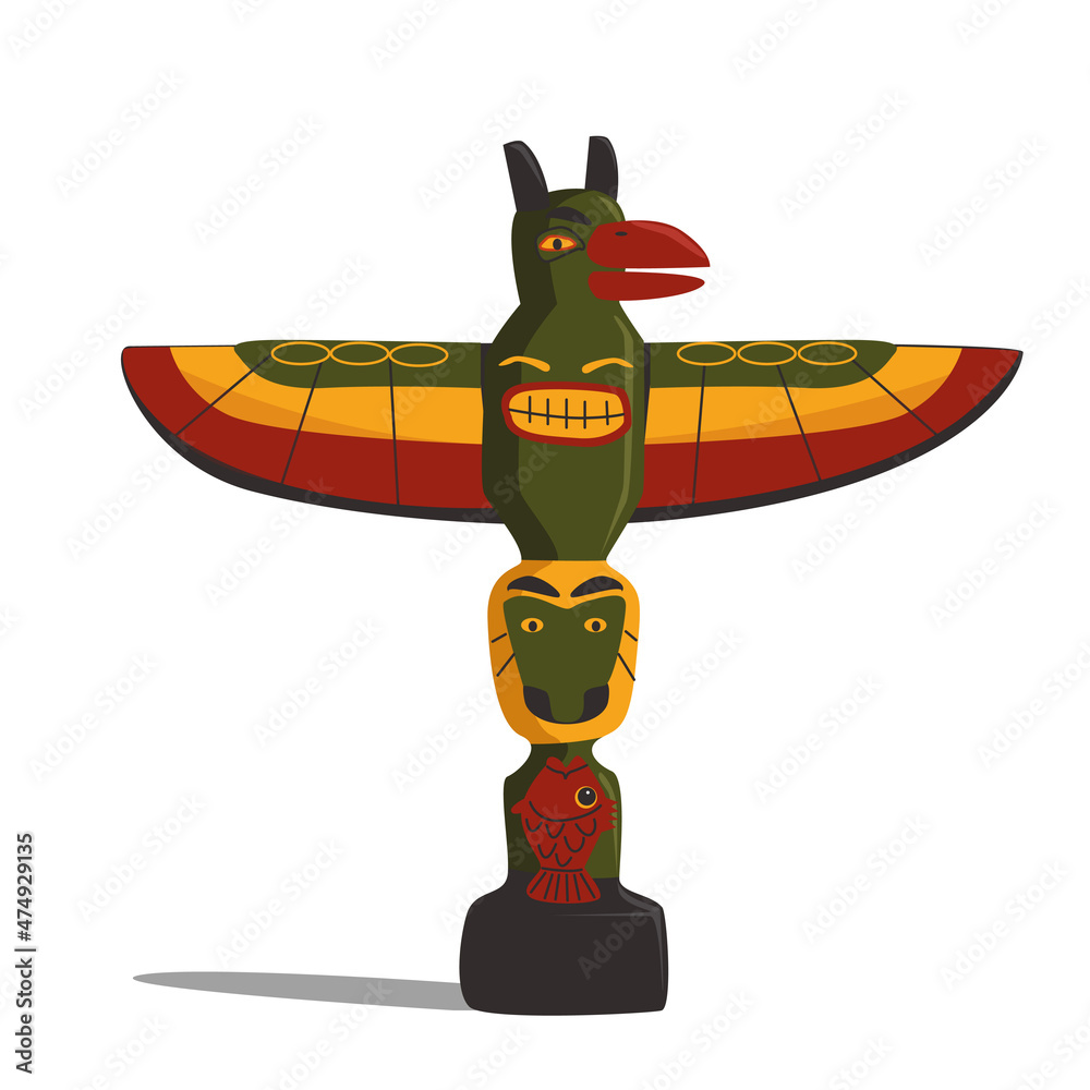 Traditional religious totem pole with the image of a bird. Symbols of ...