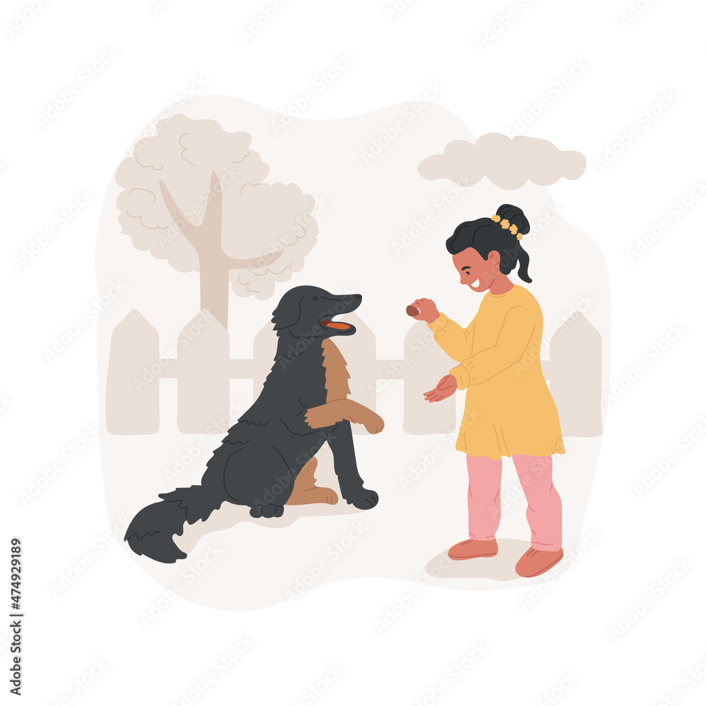 Playing with a dog isolated cartoon vector illustration. Child training ...