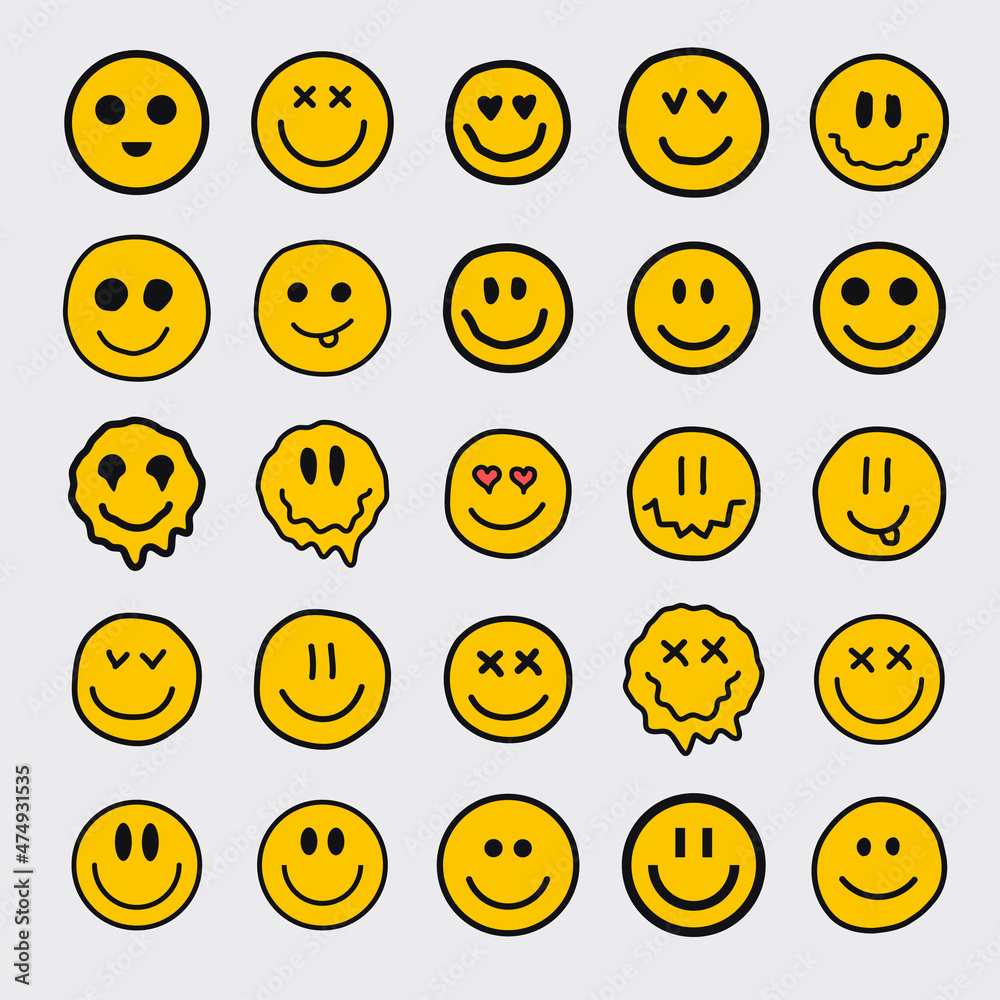 Pack of Cool Trendy Smiley Icons. Hand Drawn Smile Happy Stickers ...