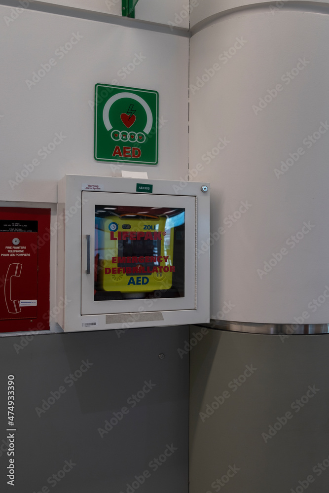 ZOLL AED public access defibrillator in a glass box installed on the ...