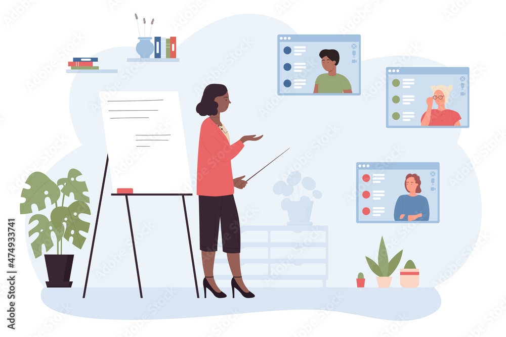 Online lesson in virtual class with teacher and students vector ...
