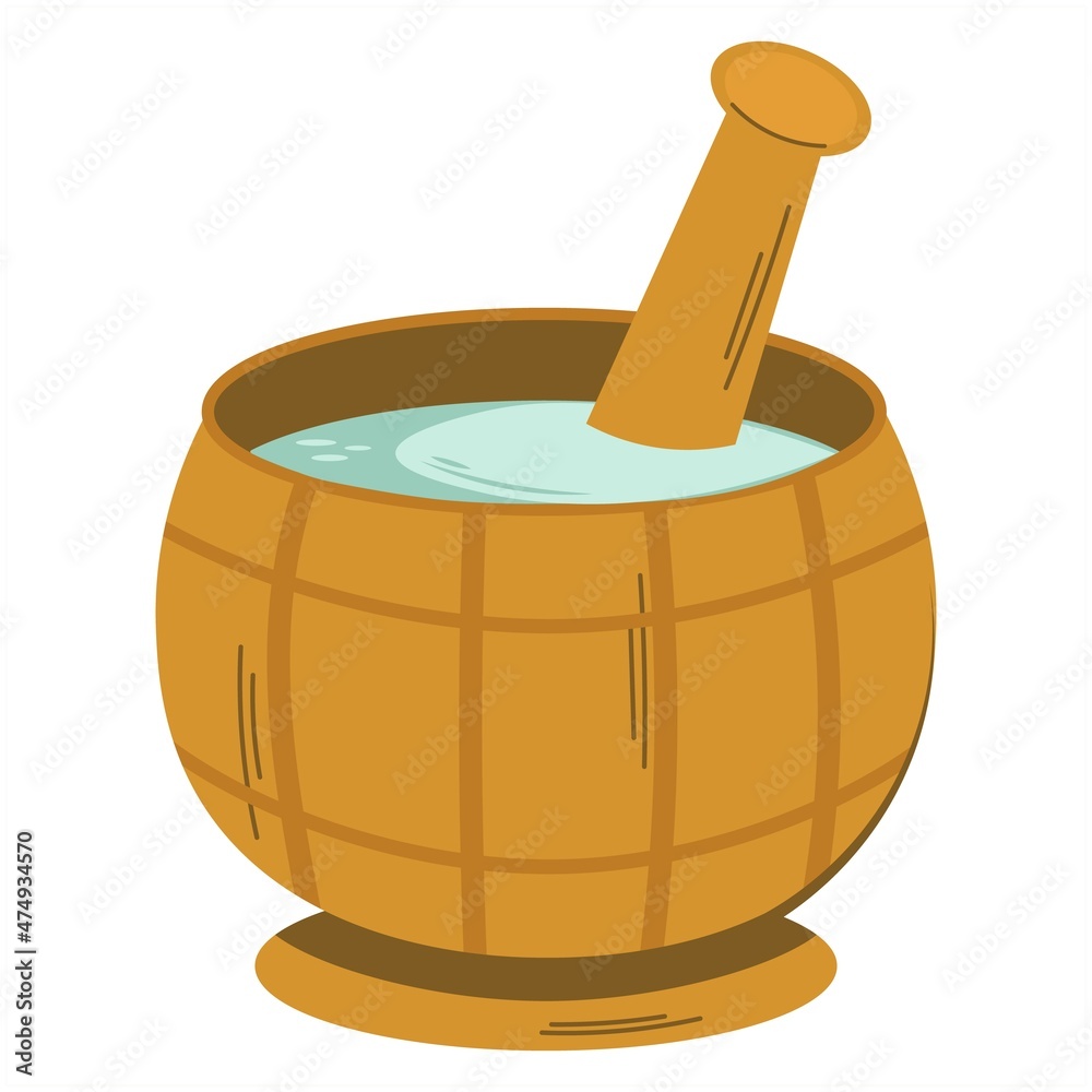Wooden basin with water and a ladle inside. Wooden vat for giving. Spa ...