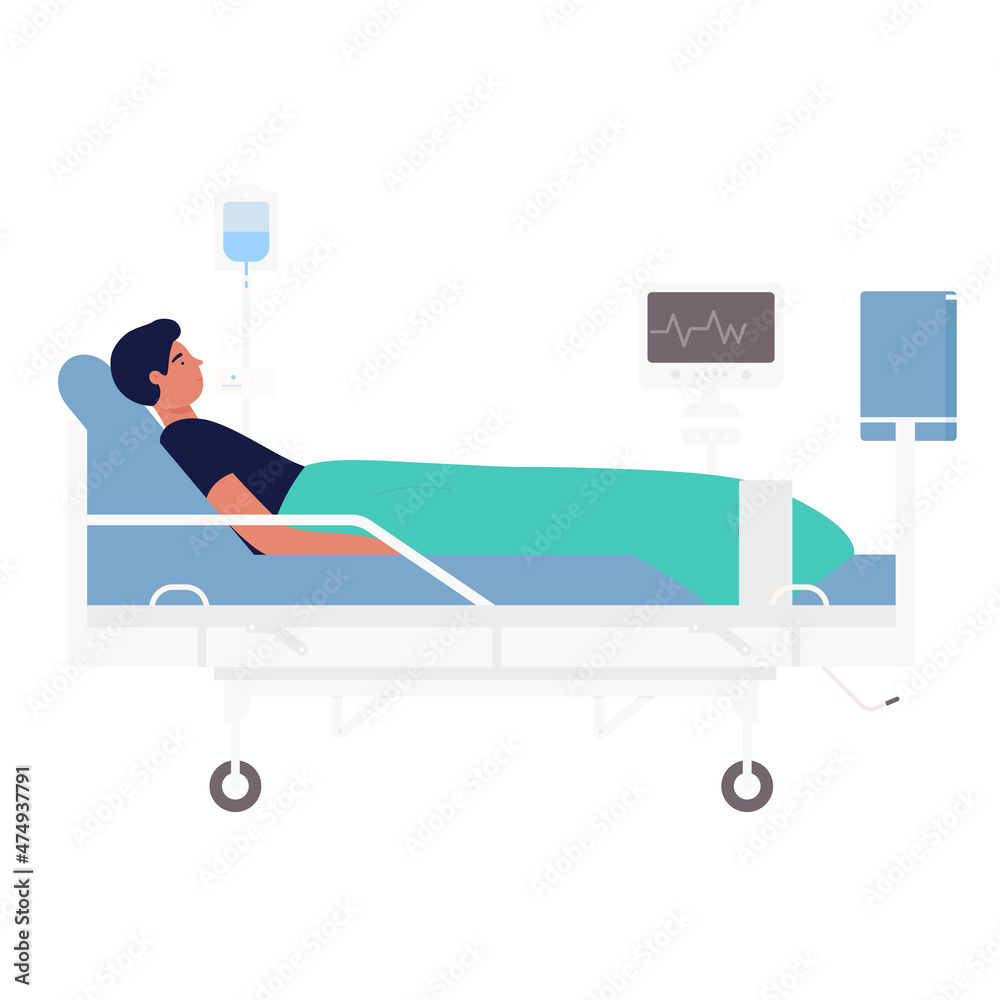 Sick male patient with drip lying in hospital bed. Injured man ...