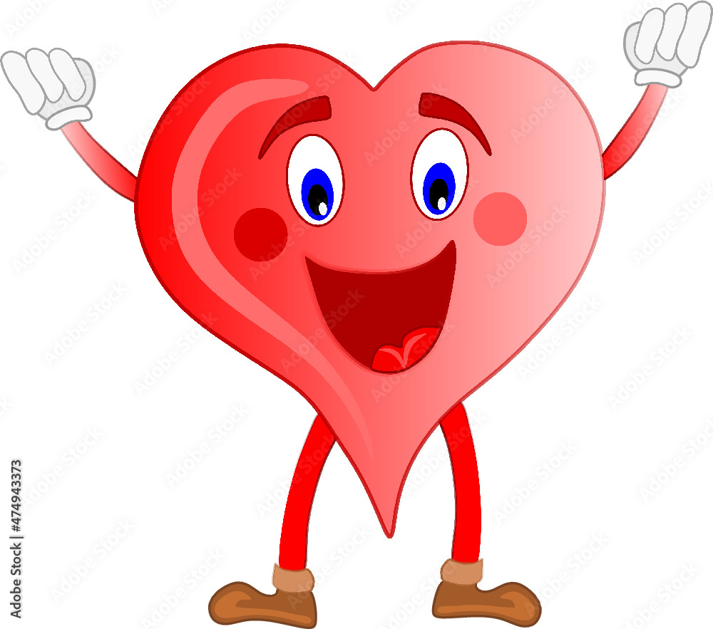 Caricatura de alegre y divertido corazón entusiasta con brazos en alto ...