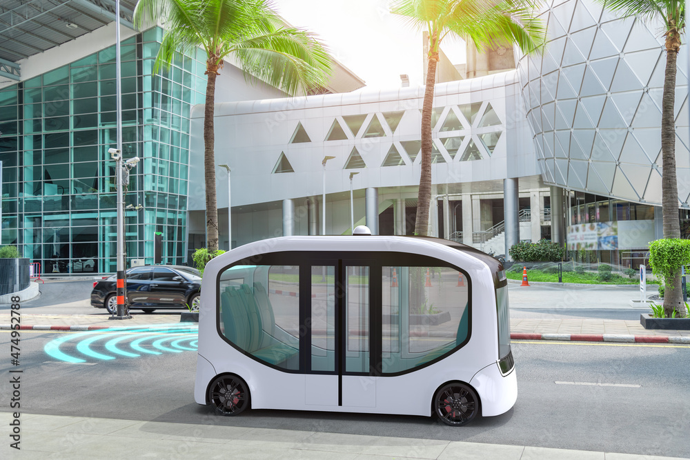 Autonomous electric shuttle bus self driving on street, Smart vehicle ...