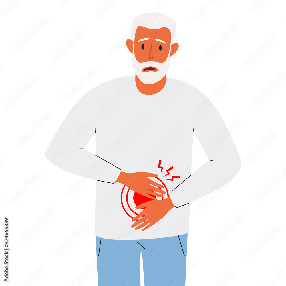A flat vector cartoon illustration of a elderly man experiencing pain ...