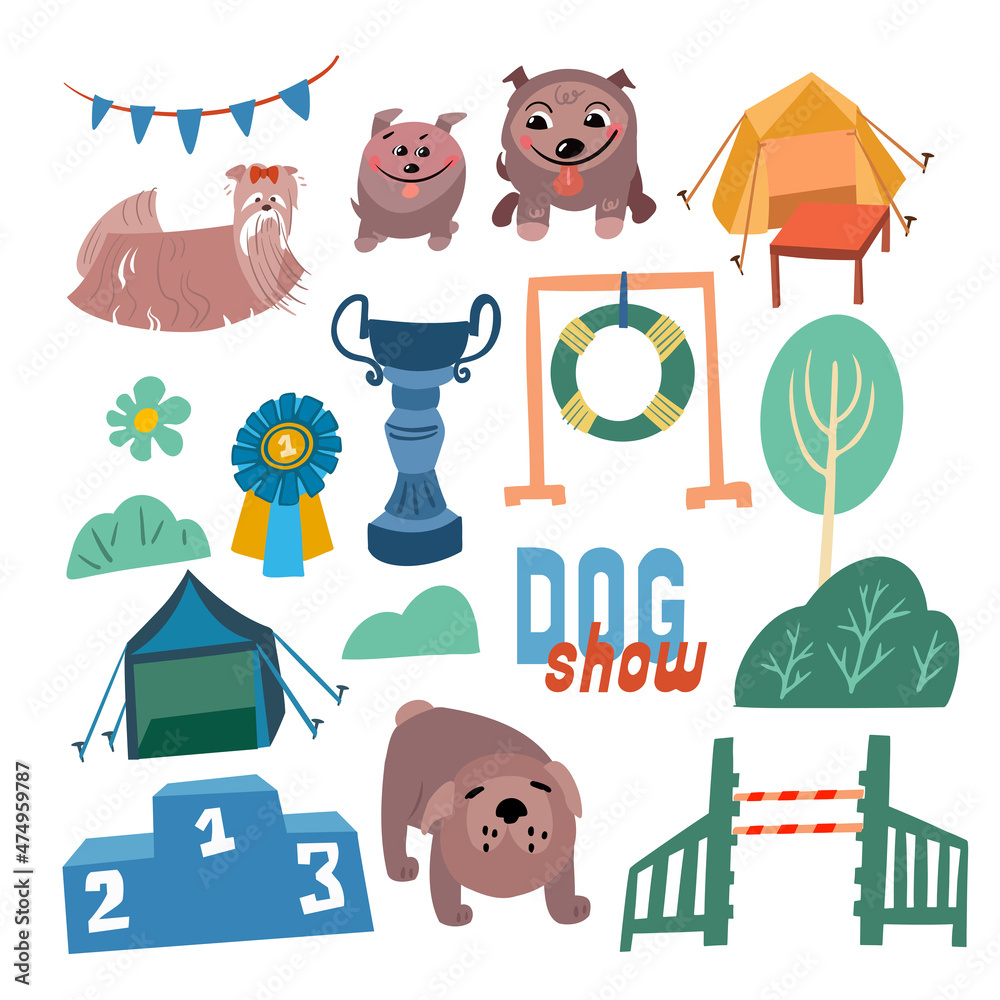 Dog show. Set of items for design of posters, booklets. Pets, sports ...
