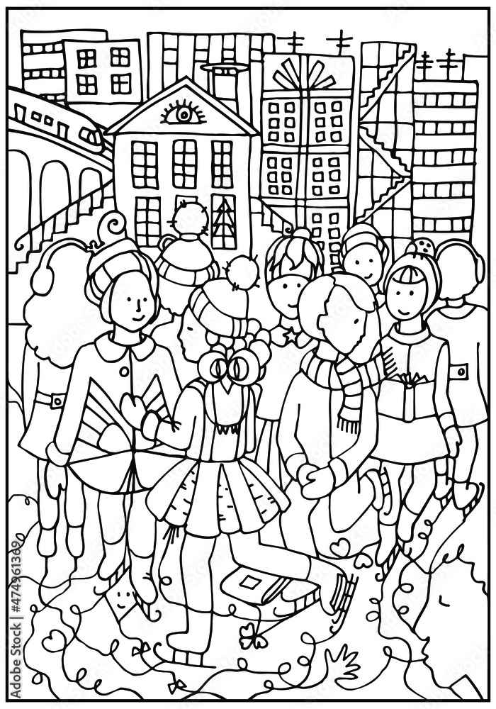 Winter coloring page for kids. Children are skating on ice in the city ...