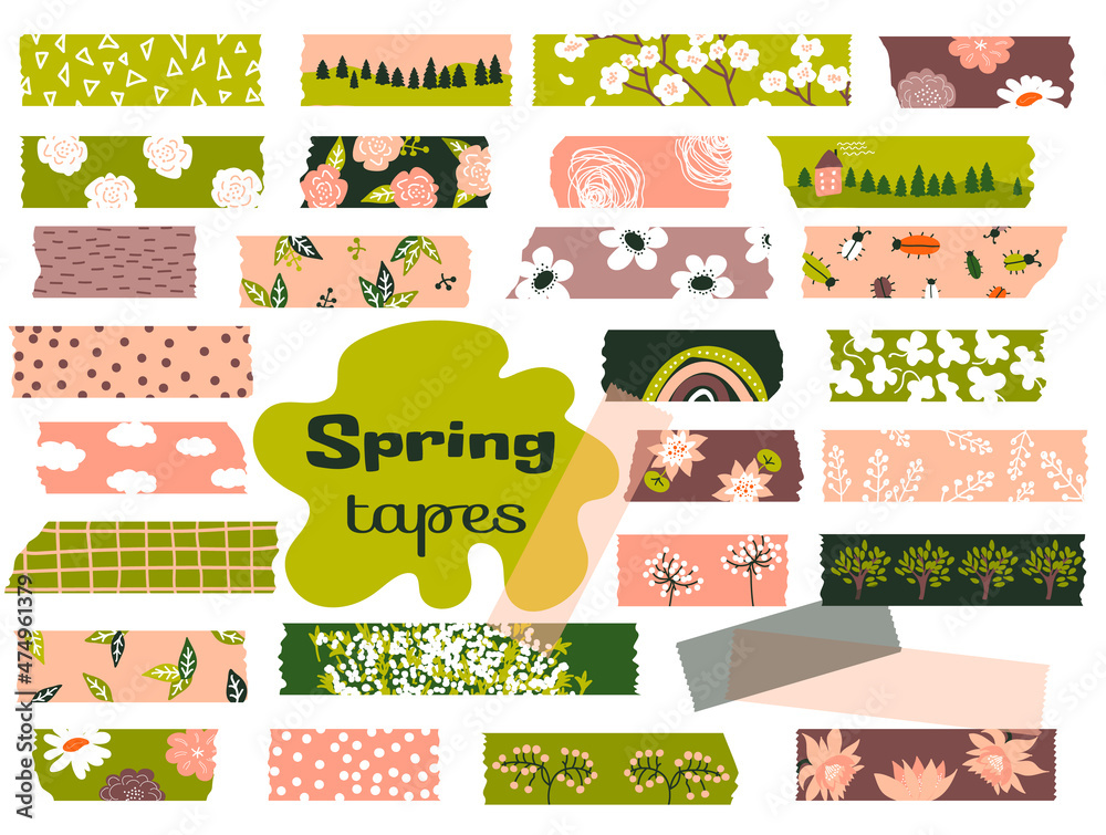 Spring Washi tapes. Vector set pieces of paper. Flowers, leaves, trees ...