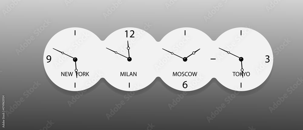 World time. Simple clock icons in flat style. New York, Milan, Moscow ...