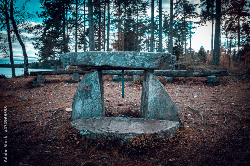 Stone Christian altar outdoors by a lake at Ohs, Värnamo, Sweden Stock ...