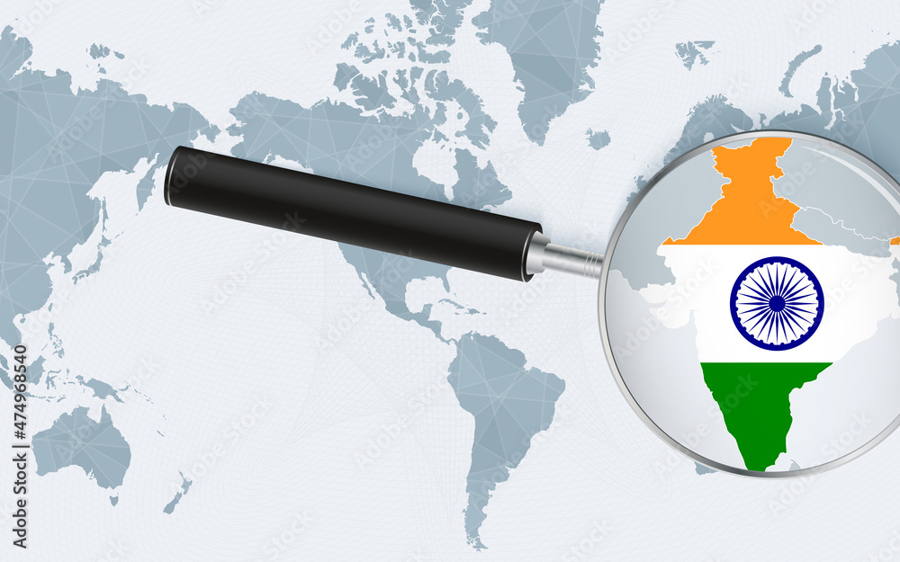 Enlarged map of India on America centered World Map. Magnified map and ...