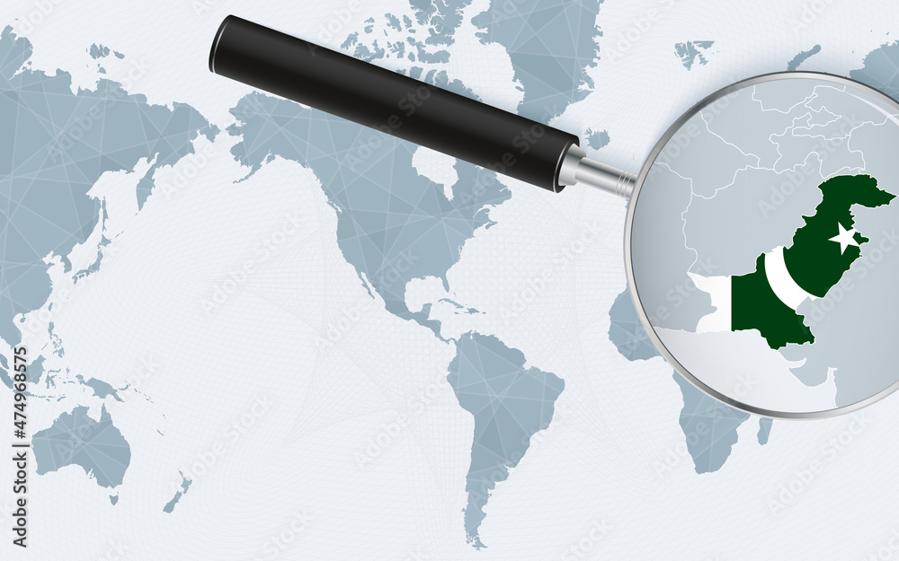 Enlarged map of Pakistan on America centered World Map. Magnified map ...