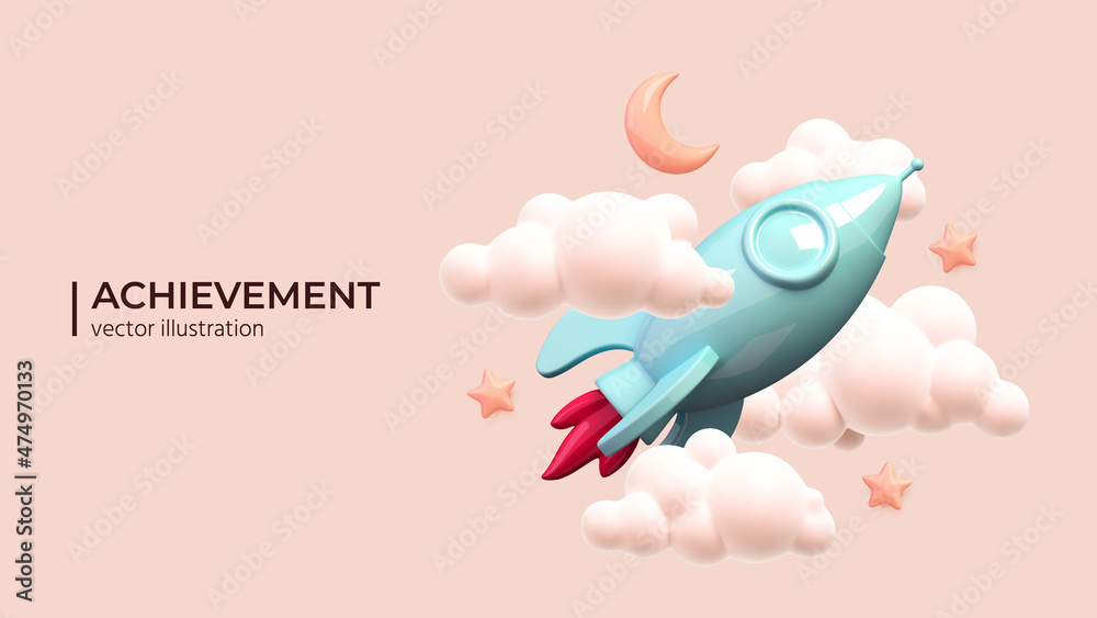Rocket ship in space around the clouds. Realistic rocket 3d icon ...