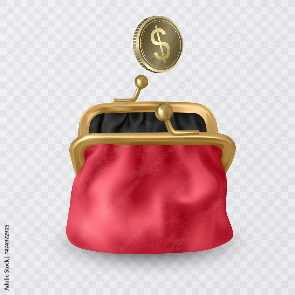 Red wallet full of money, Golden coins with dollar sign. Symbol of ...