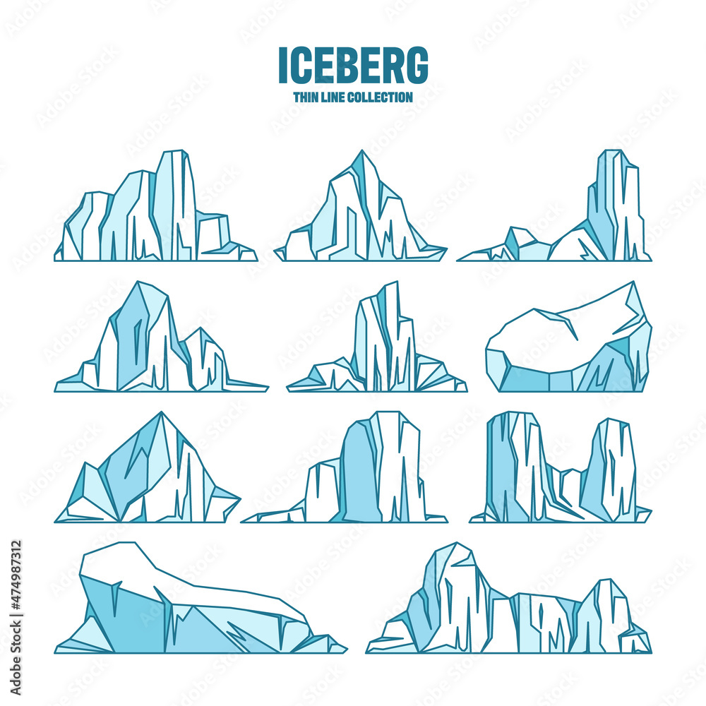 Floating icebergs sketch collection. Drifting arctic glacier, block of ...