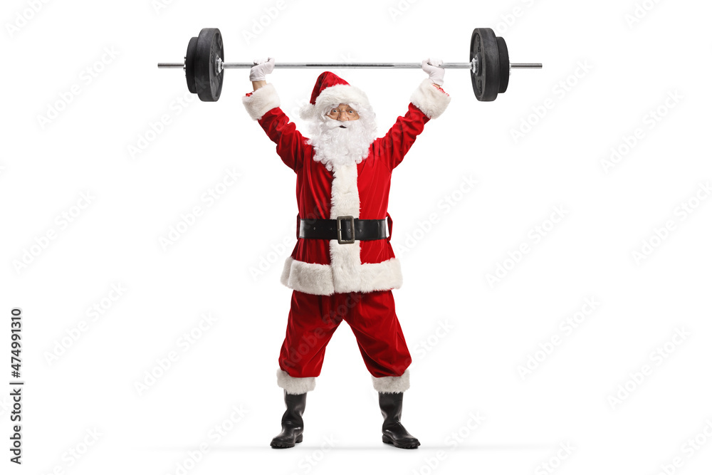 Foto de Santa claus lifting heavy weights do Stock | Adobe Stock