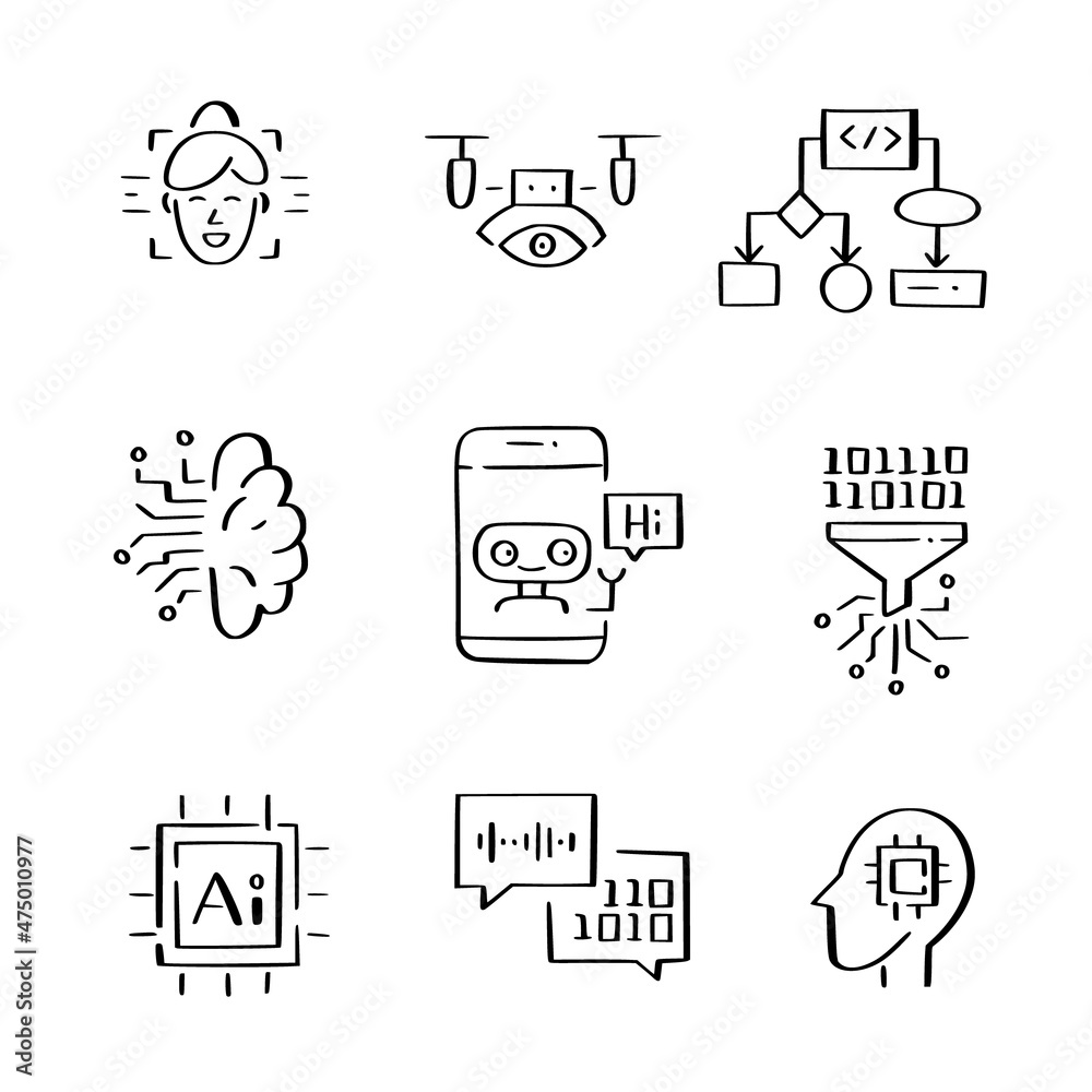 Artificial intelligence doodle icons set. Big data, machine vision and ...
