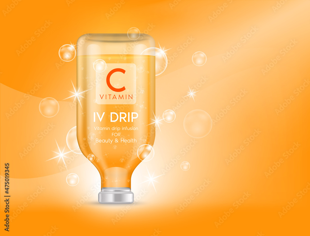 IV bag vitamin C dripping orange. Bottles of vitamins iv drip therapy ...